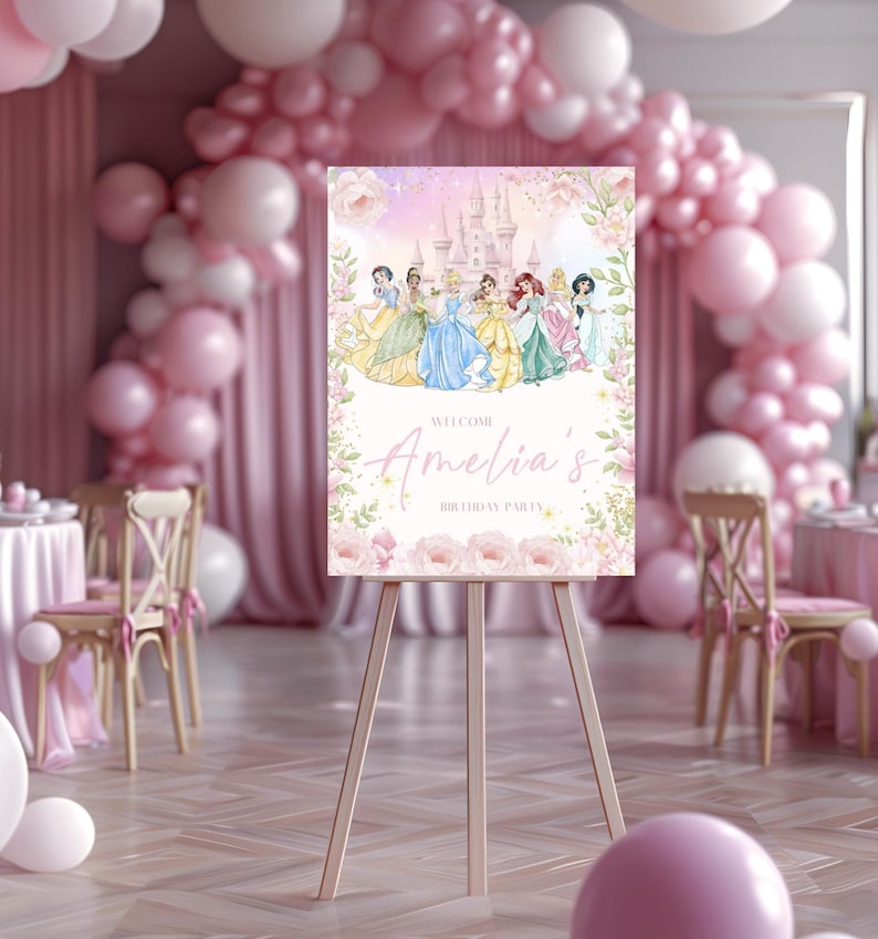 Princess Birthday Welcome Sign Editable Soft Pink Castle (canva ...