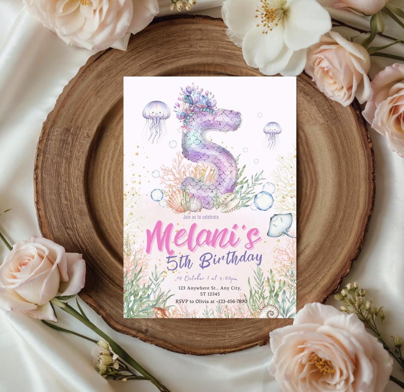 Mermaid Birthday Invitation: 5th Under the Sea Party, Canva Editable ...