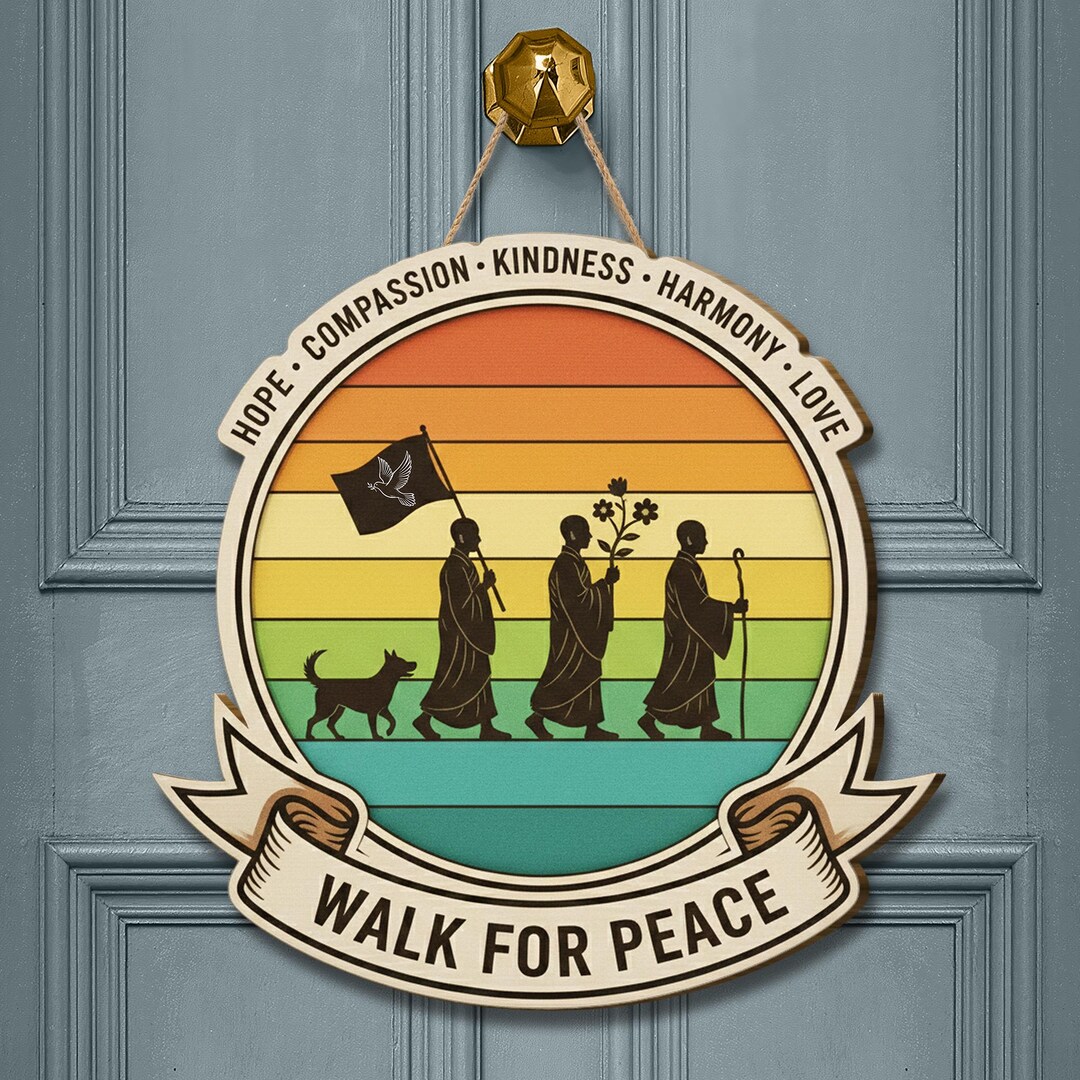 Wooden Door Sign: Walk for Peace Retro Silhouette Monks Hope Compassion ...