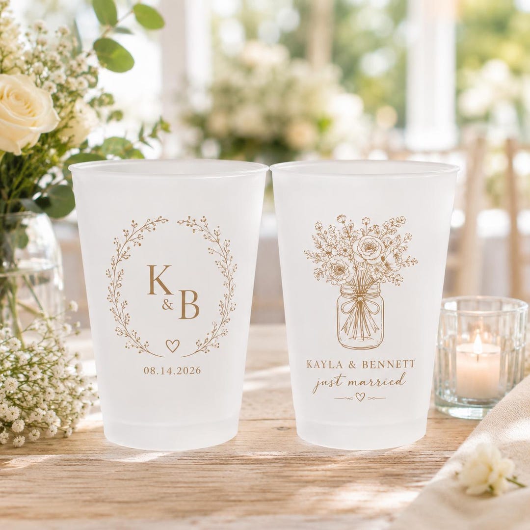 Personalized Frosted Wedding Cups, Custom Monogram Reception Bar Favors ...