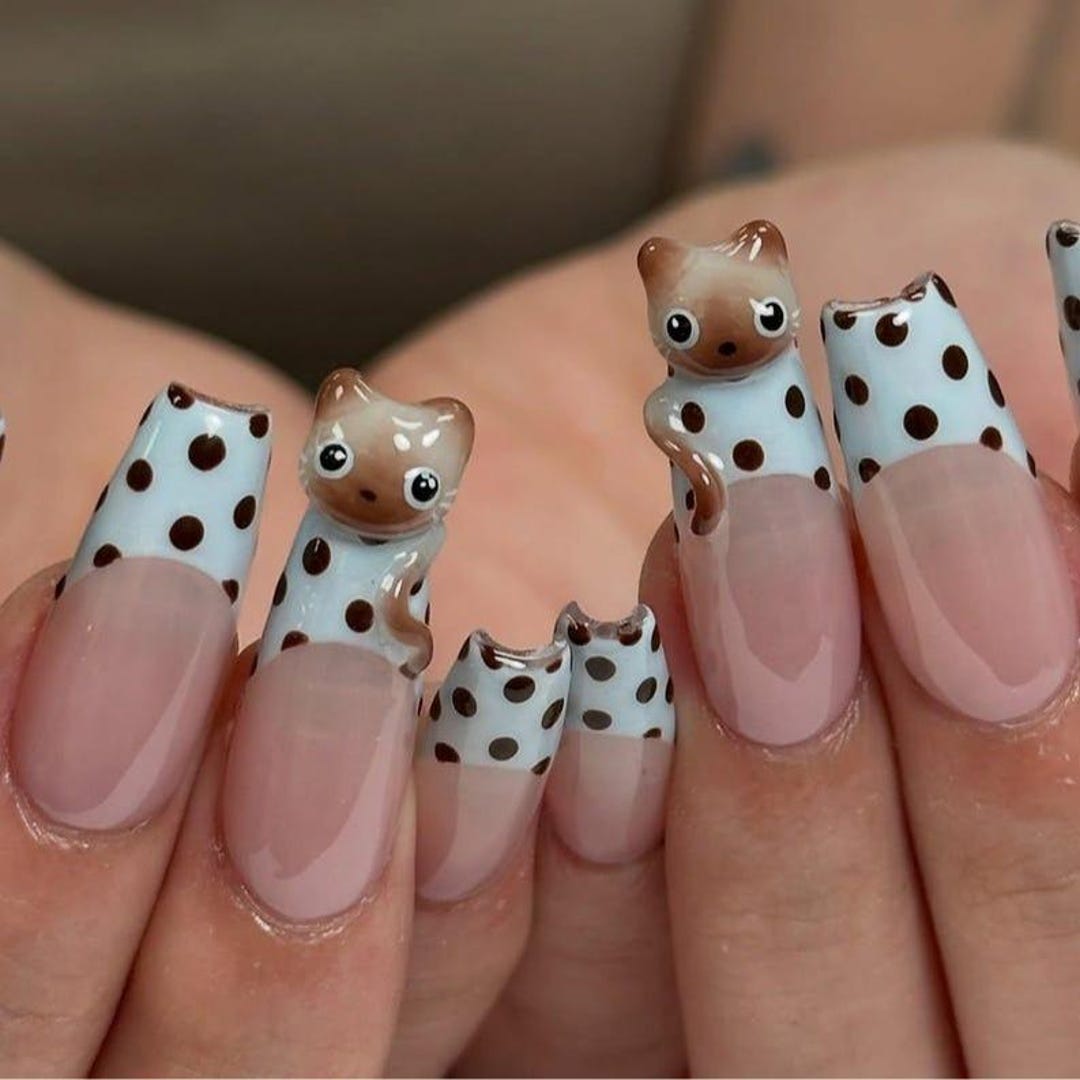 Kawaii Cat French Press on Nails | 3D Kitty Nail Art | Polka Dot ...