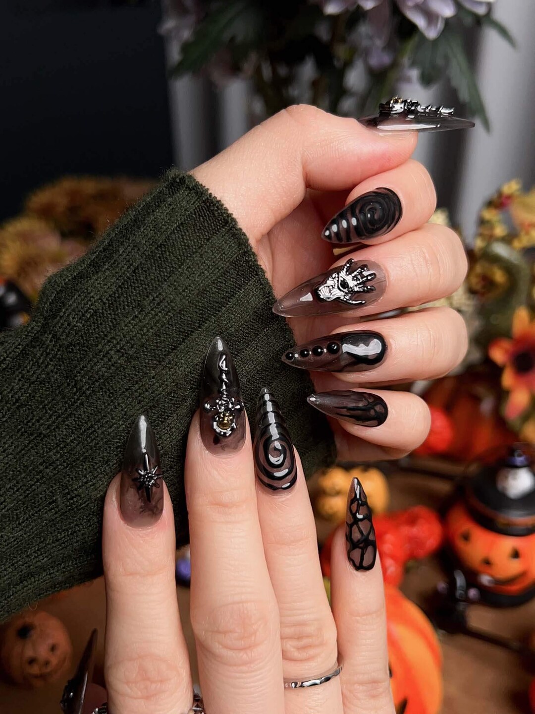 Devil Charm Gothic Press on Nails, Black Silver 3D Skull Spider Fake ...