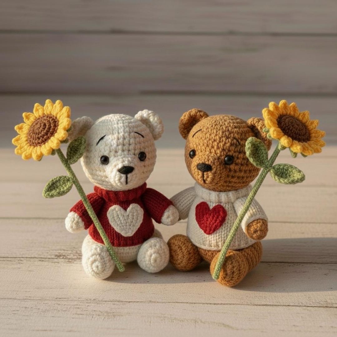 Crochet Bear Couple – Handmade Amigurumi Teddy Pair With Sunflower ...