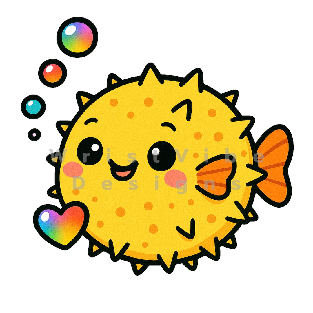 Kawaii Pufferfish Clipart PNG JPG | Cute Yellow Blowfish With Bubbles | Ocean Animal Digital ...