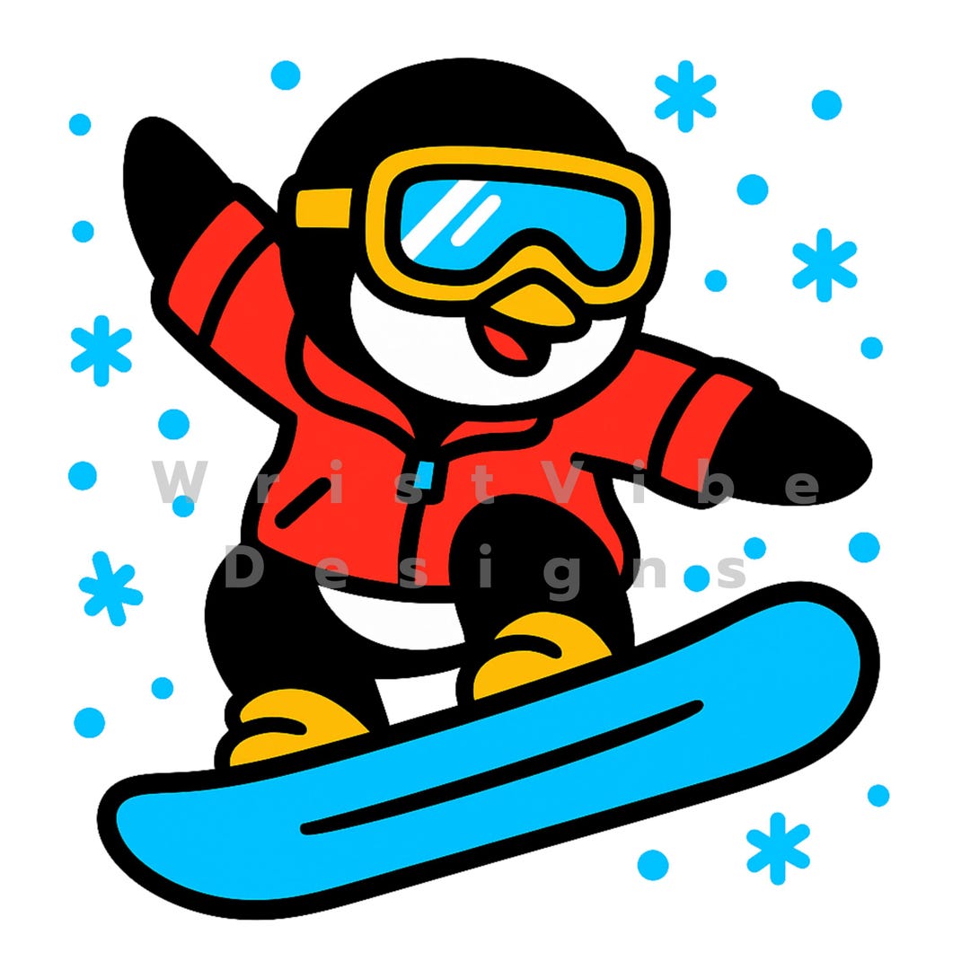 Snowboarding Penguin Clipart: Winter Holiday Digital Download (PNG, JPG ...