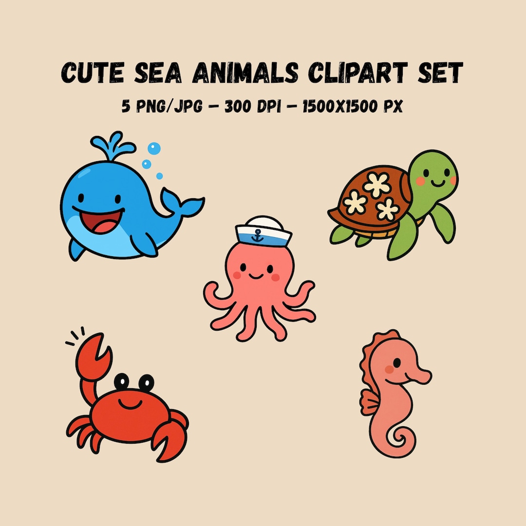 Cute Sea Animals Clipart Set | Scrapbooking, Stickers (PNG & JPG ...