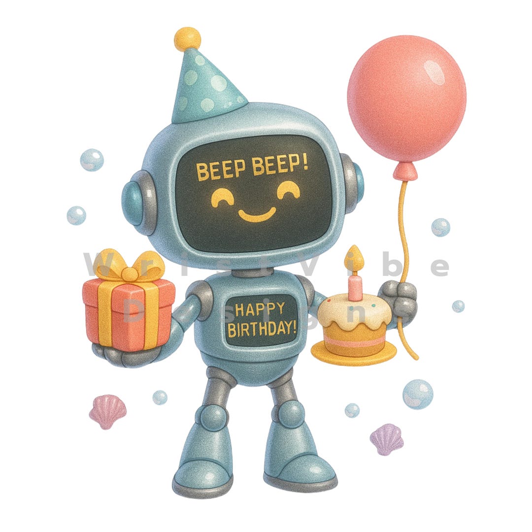 Robot Birthday Clipart – Cute Beep Beep Robot With Cake and Balloon ...