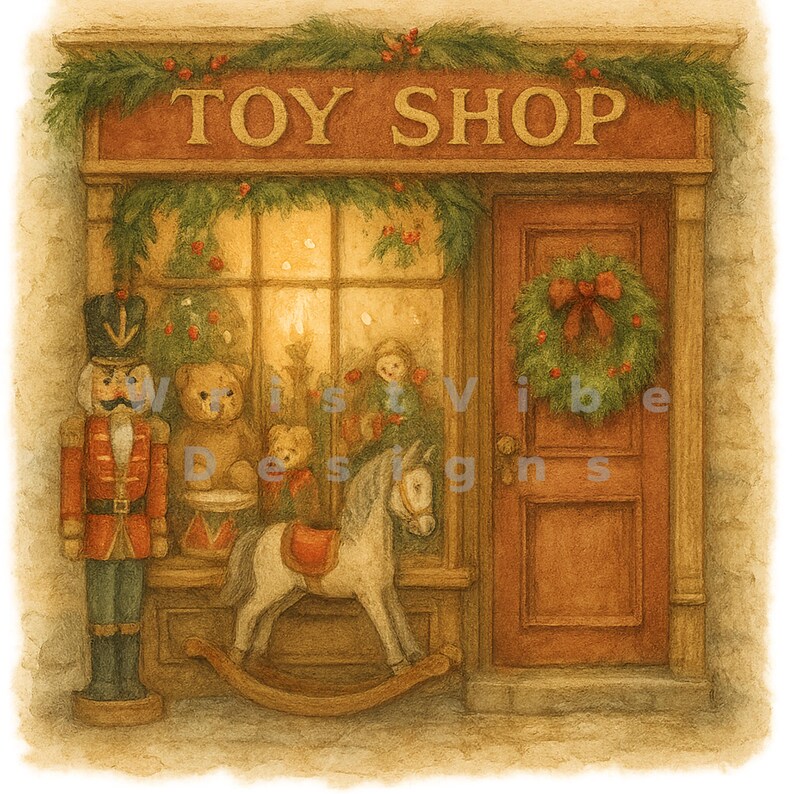 Vintage Christmas Toy Shop Clipart – Watercolor Holiday Storefront PNG ...
