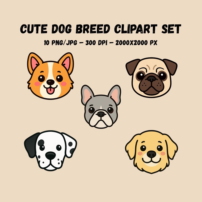 Kawaii Dog Breed Clipart: Puppy Faces PNG JPG (digital Download) - Etsy