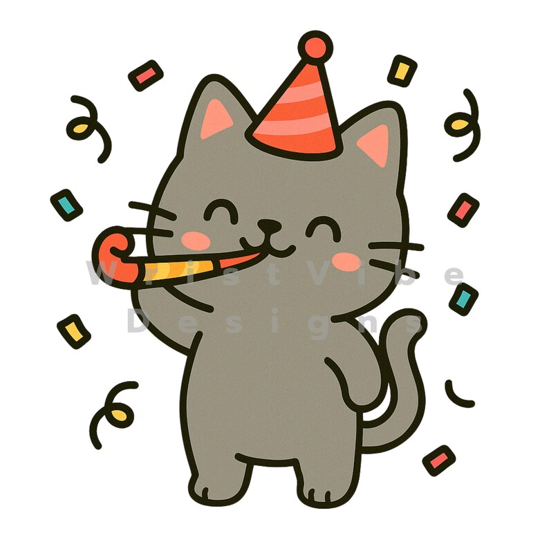 Cute Birthday Cat Clipart | Kawaii Party Kitty PNG JPG | Confetti ...