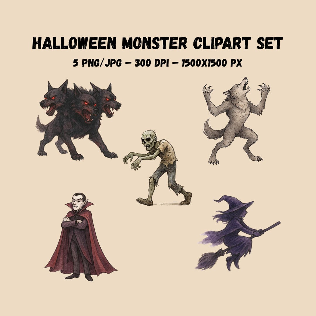 Halloween Monster Clipart Set | Cerberus, Werewolf, Zombie, Vampire ...