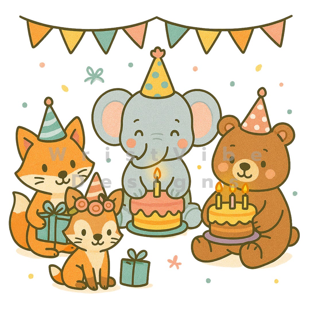 Woodland Animals Birthday Clipart: Fox, Bear, Deer, Elephant (PNG JPG ...