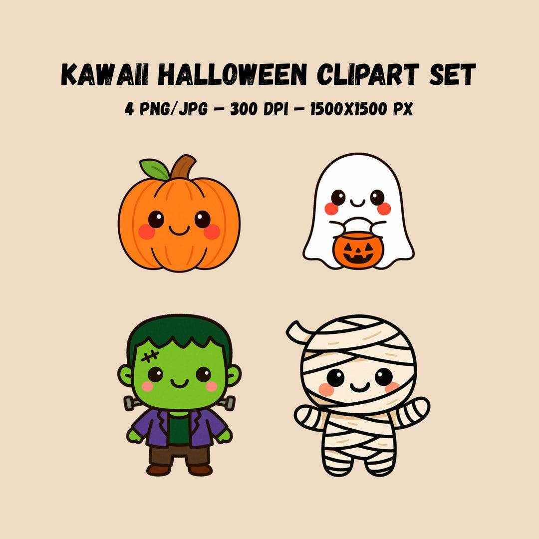 Kawaii Halloween Clipart Set: Pumpkin, Ghost, Mummy, Frankenstein (PNG ...