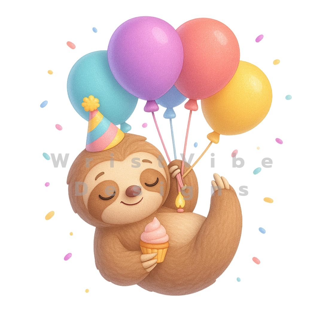 Birthday Sloth Clipart: Pastel Cupcake & Balloons (PNG JPG Digital ...