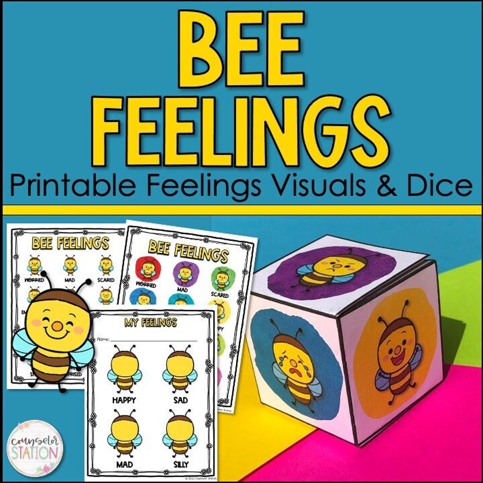Feelings Chart, Feelings Dice, and My Feelings Printables (bee-themed ...
