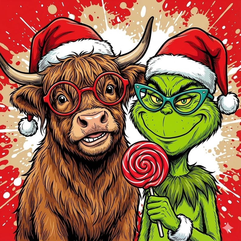 Highland Cow and Grinch-inspired Christmas PNG - Funny Holiday Digital ...