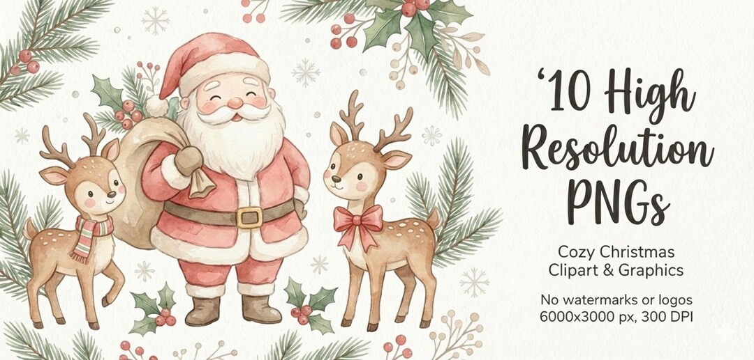 10 High Resolution Christmas Clipart PNG Bundle, Santa Reindeer PNG ...