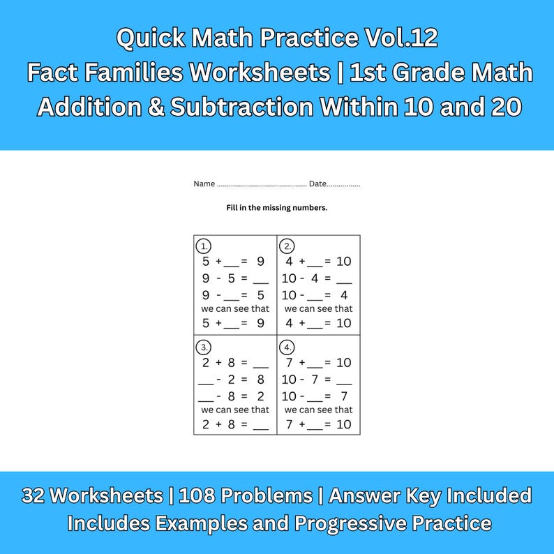 Quick Math Practice Vol.12 | 1st Grade Fact Families | Addition ...