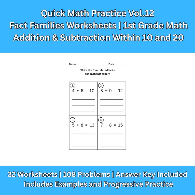 Quick Math Practice Vol.12 | 1st Grade Fact Families | Addition ...