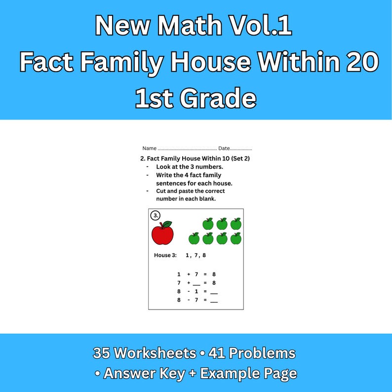 New Math Vol.1: Fact Family House Within 20 – 1st Grade Worksheets - Etsy