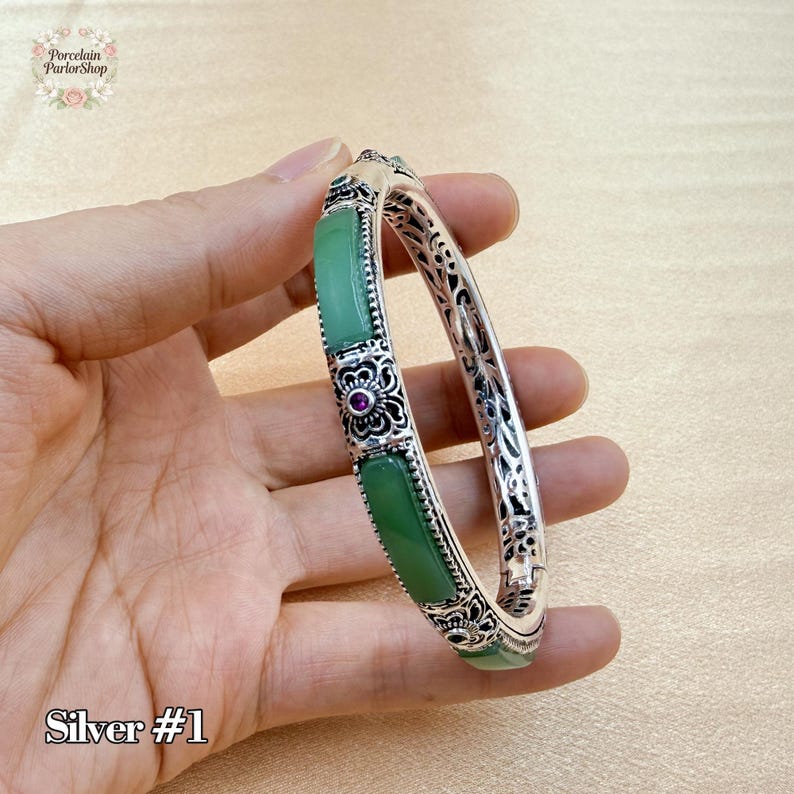 Jade Cuff Bracelet, Gold Plated Faux Jade Open Bangle, Silver Filigree ...