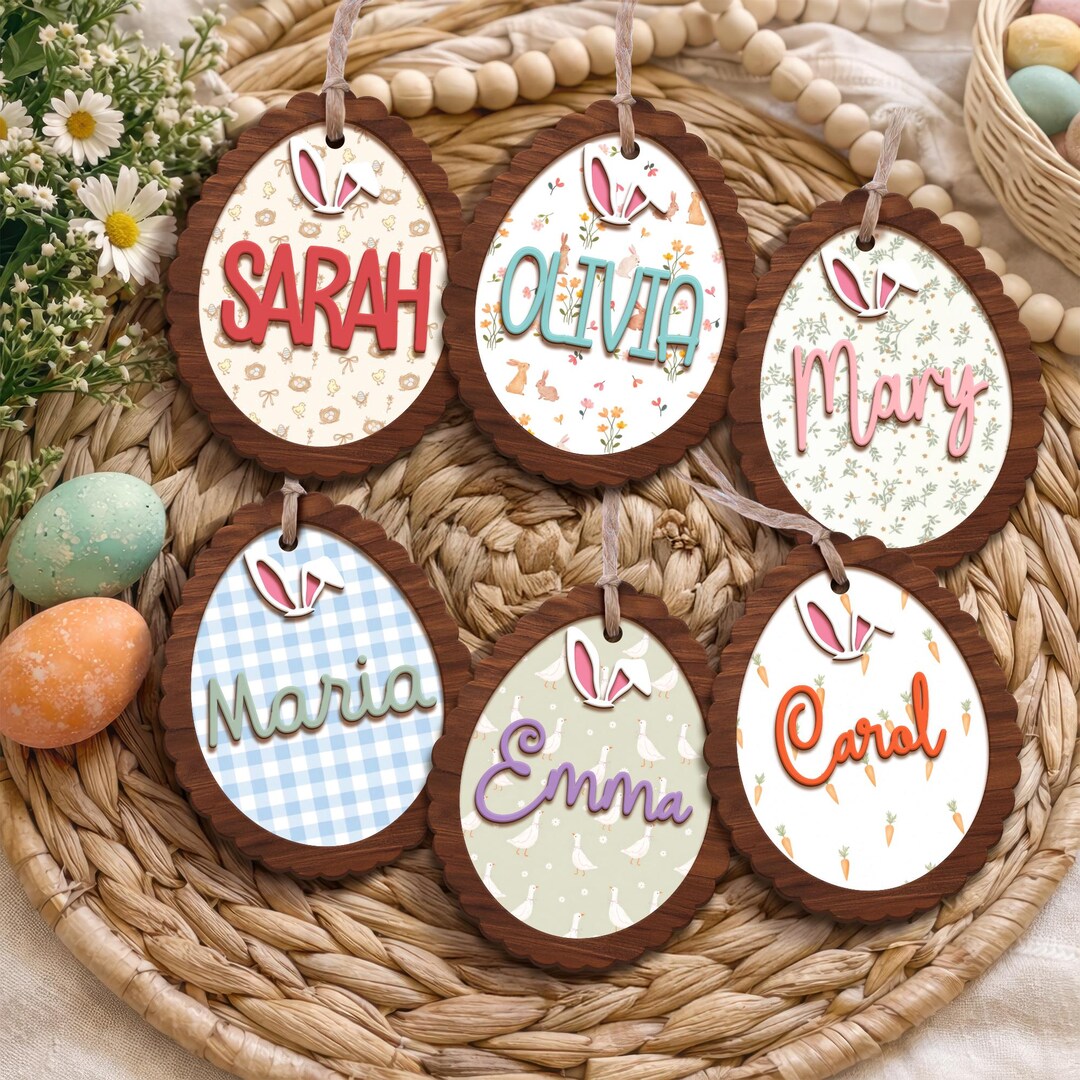 Personalized Easter Basket Name Tags, Wooden Easter Egg Tags, Bunny ...