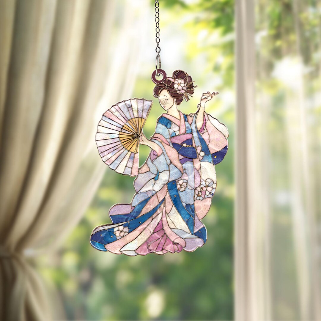 Geisha Fan Acrylic Suncatcher, Japanese Woman Window Hanging, Stained ...