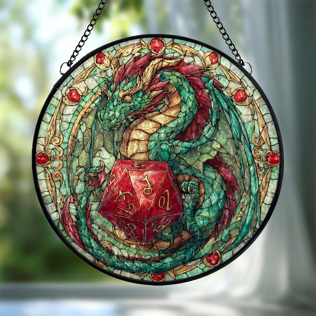 Dragon D20 Stained Glass Suncatcher, Fantasy Dragon Window Hanging ...