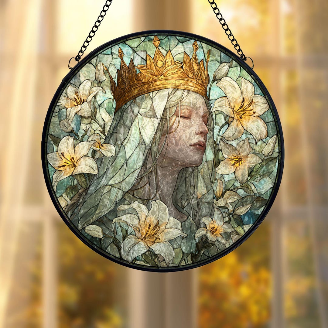 Virgin Mary Lily Stained Glass Suncatcher, Crowned Madonna Window ...