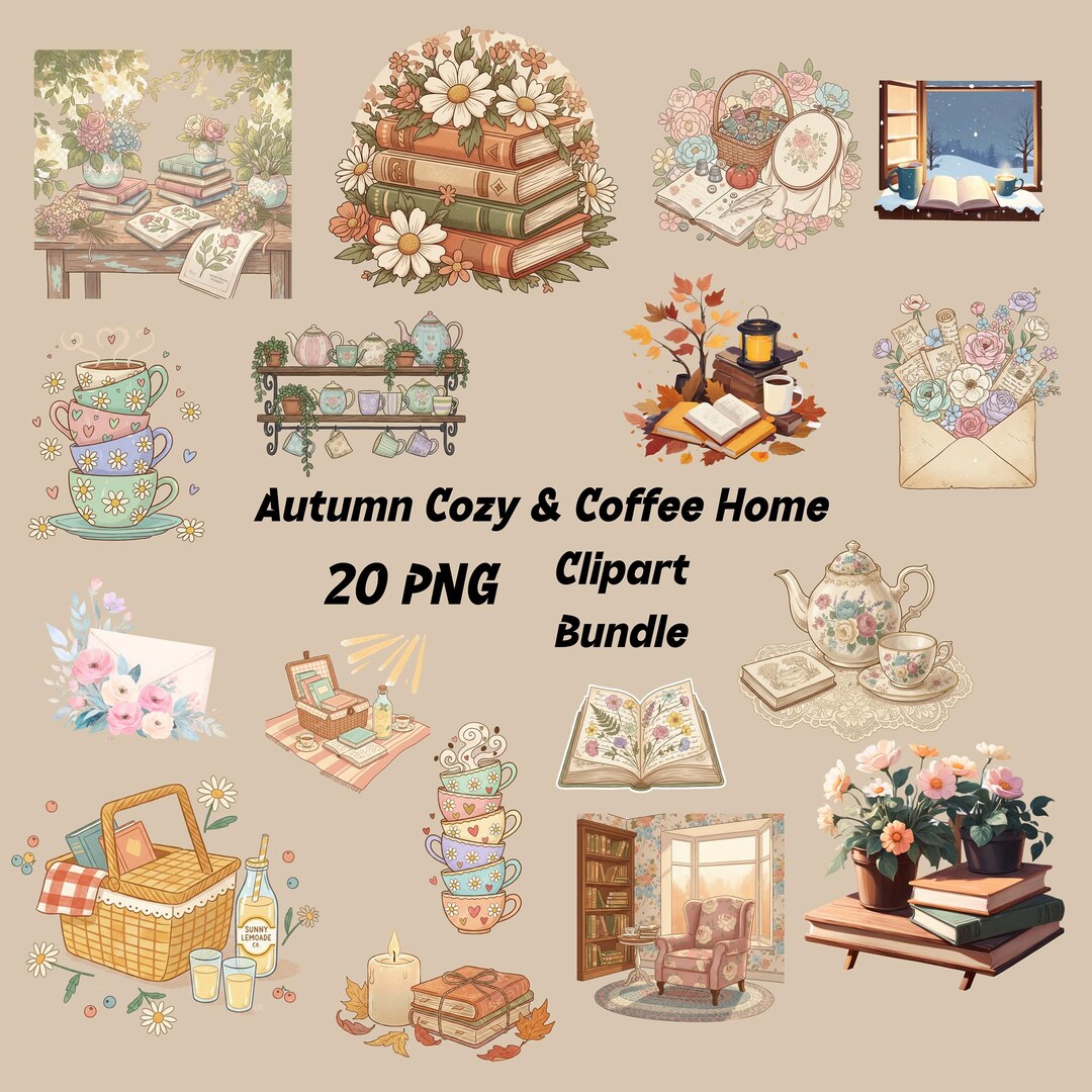 Autumn Cozy & Coffee Home Clipart Bundle, Vintage Pastel Fall Pngs ...