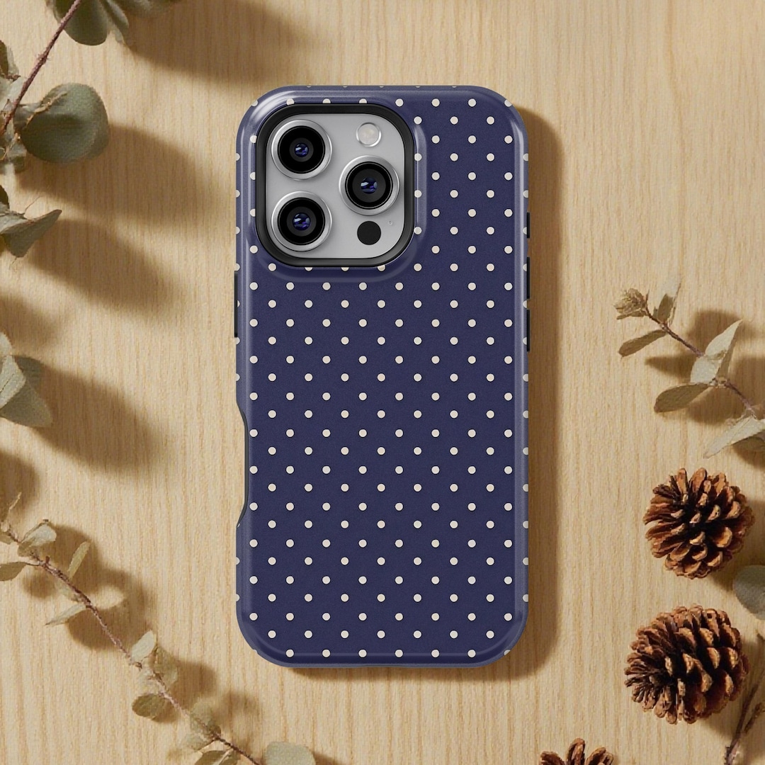 Navy Blue Polka Dot Phone Case, Aesthetic Phone Cover for iPhone 17 16 ...