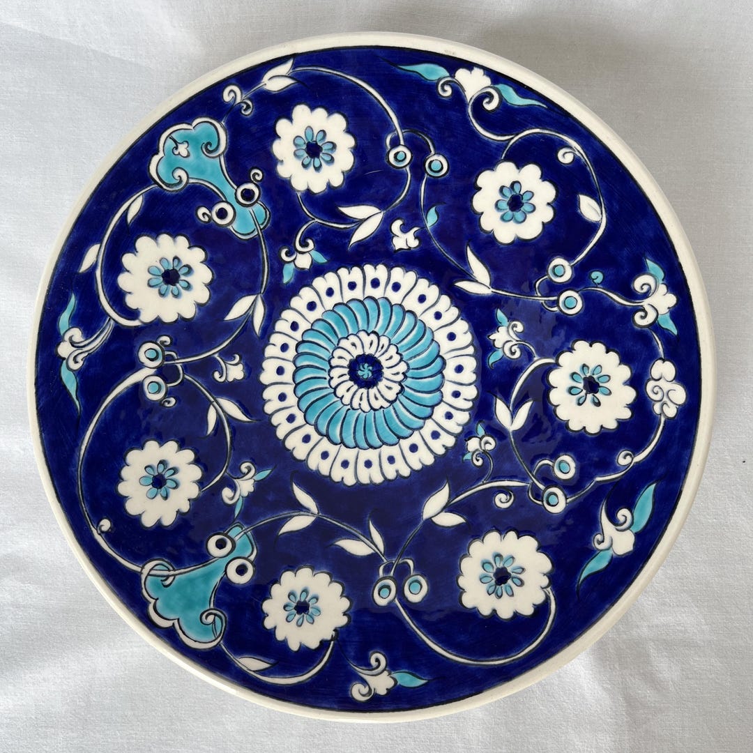 Handmade Turkish Iznik Ceramic Plate: Blue & White Floral Wall Art (9.8 ...
