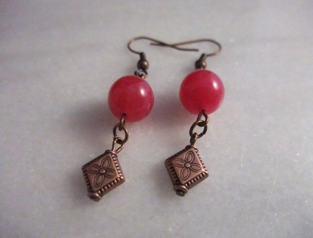 Woman's Maroon Jade With Antique Copper Dangle Pierced Earrings - Etsy