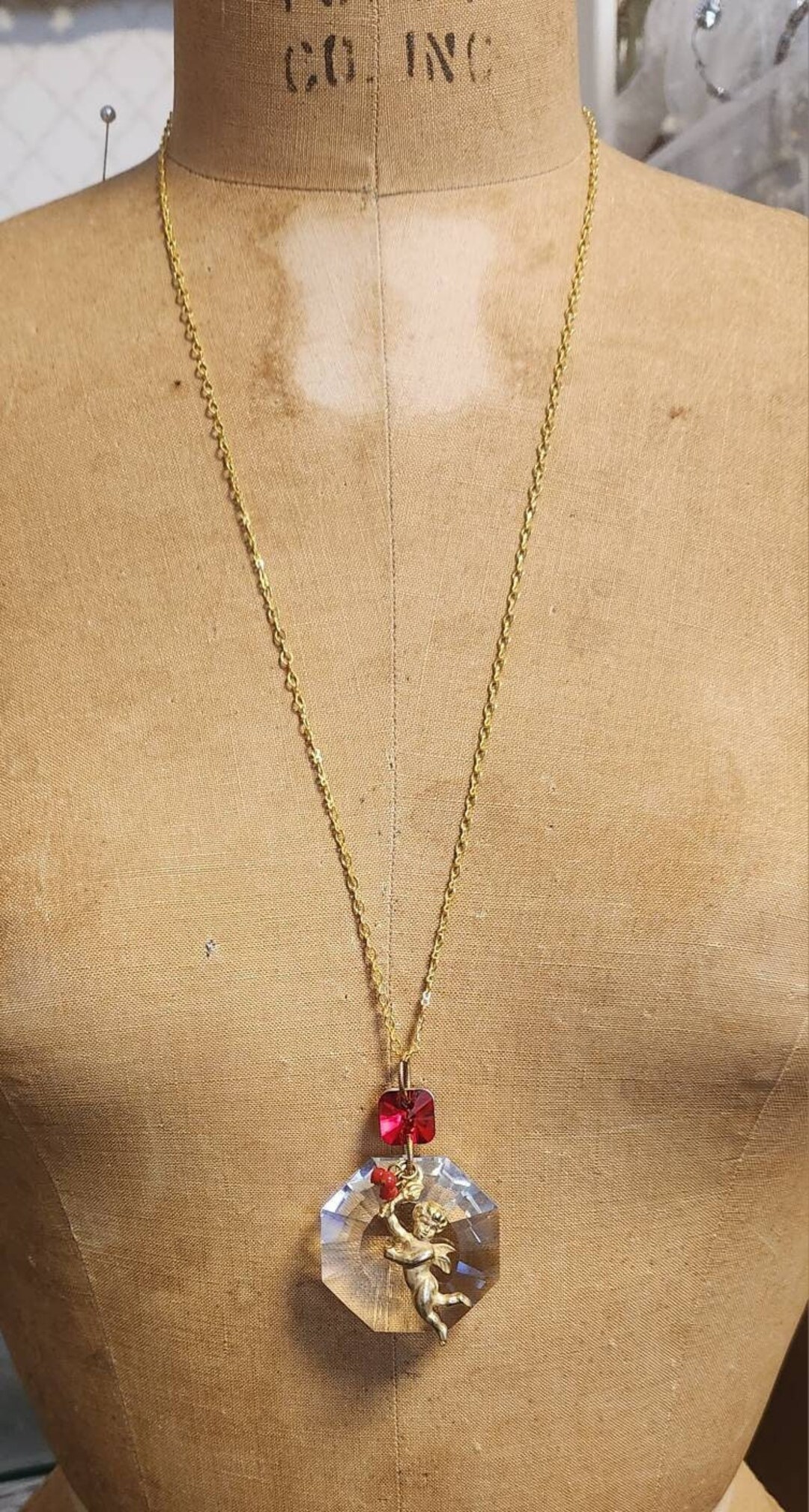 Vintage Assemblage Angel Ornament Necklace Long Necklace Crystal ...