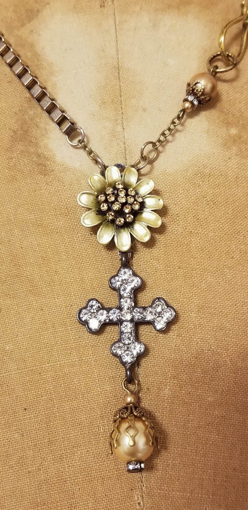 Rhinestone Sunflower Cross Assemblage Necklace Vintage - Etsy