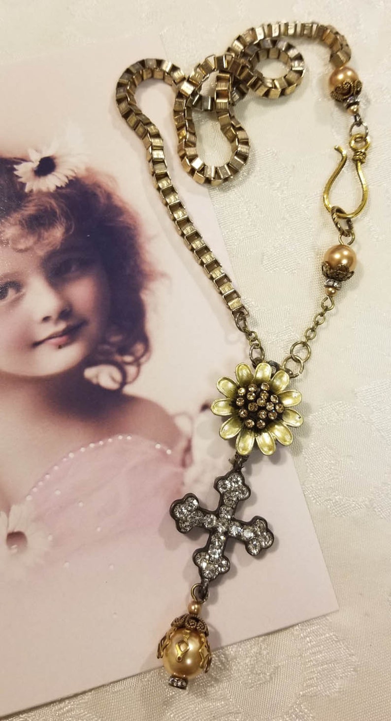 Rhinestone Sunflower Cross Assemblage Necklace Vintage - Etsy
