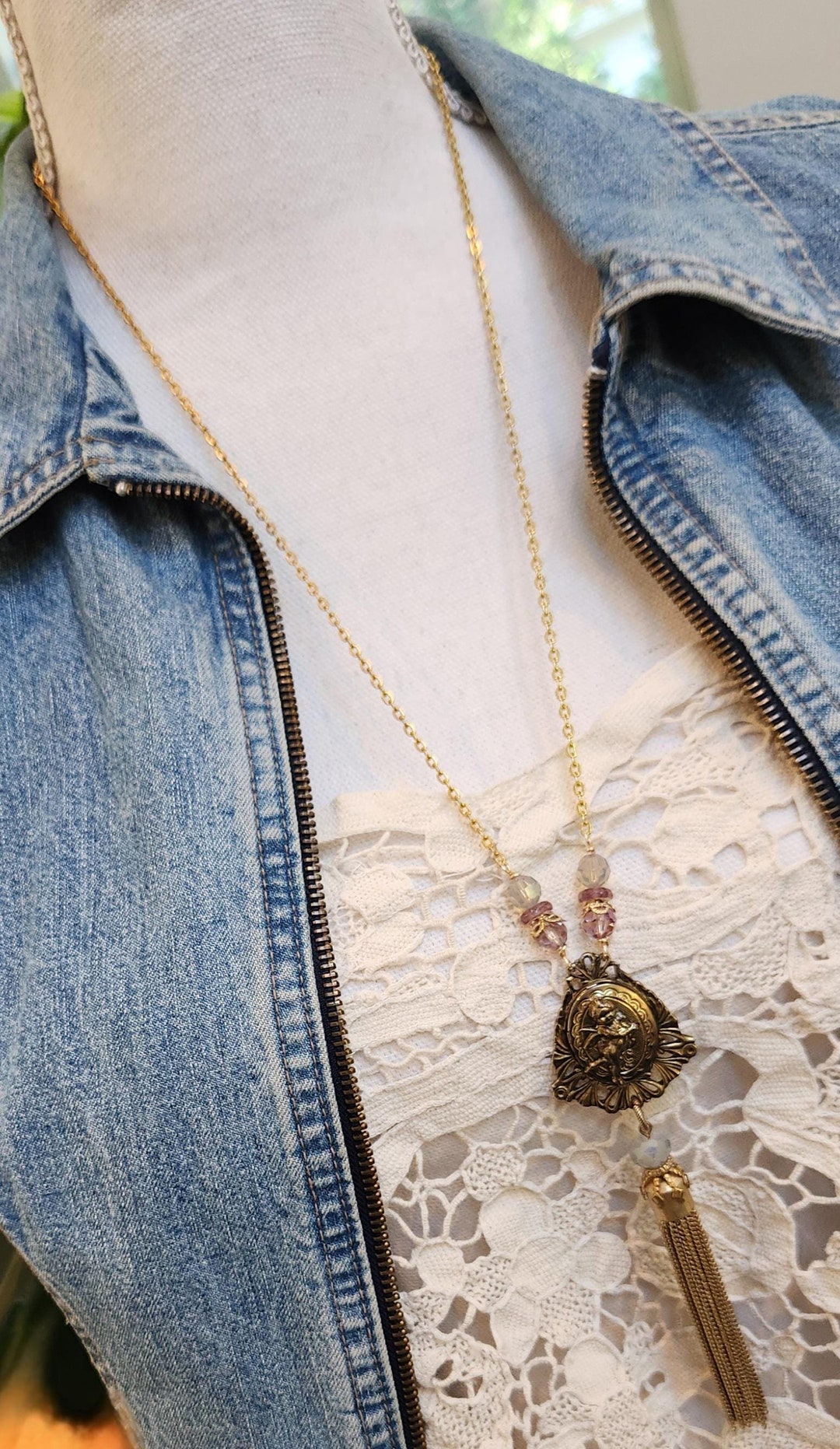 Vintage Angel Locket Necklace ~ Long Assemblage Tassel Necklace ...