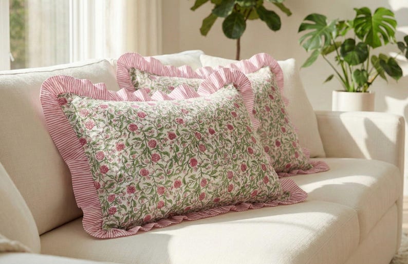 Handmade Floral Pillow Covers With Ruffle Edge, Pink Green Block Print ...