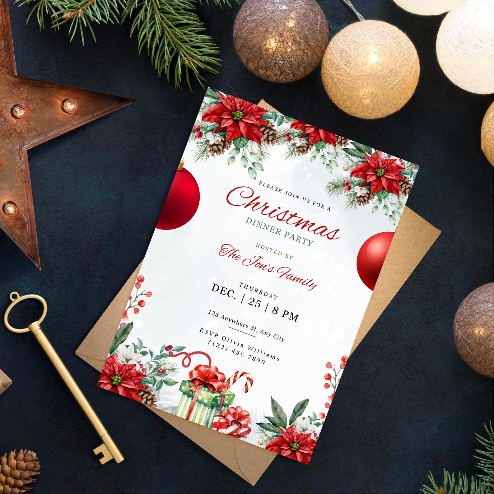 Christmas Dinner Party Invitation | Editable Canva Template | Printable ...