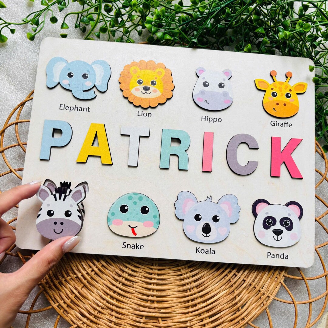 Personalized Name Puzzle With Animals, Wooden Baby Name Puzzle, Custom ...