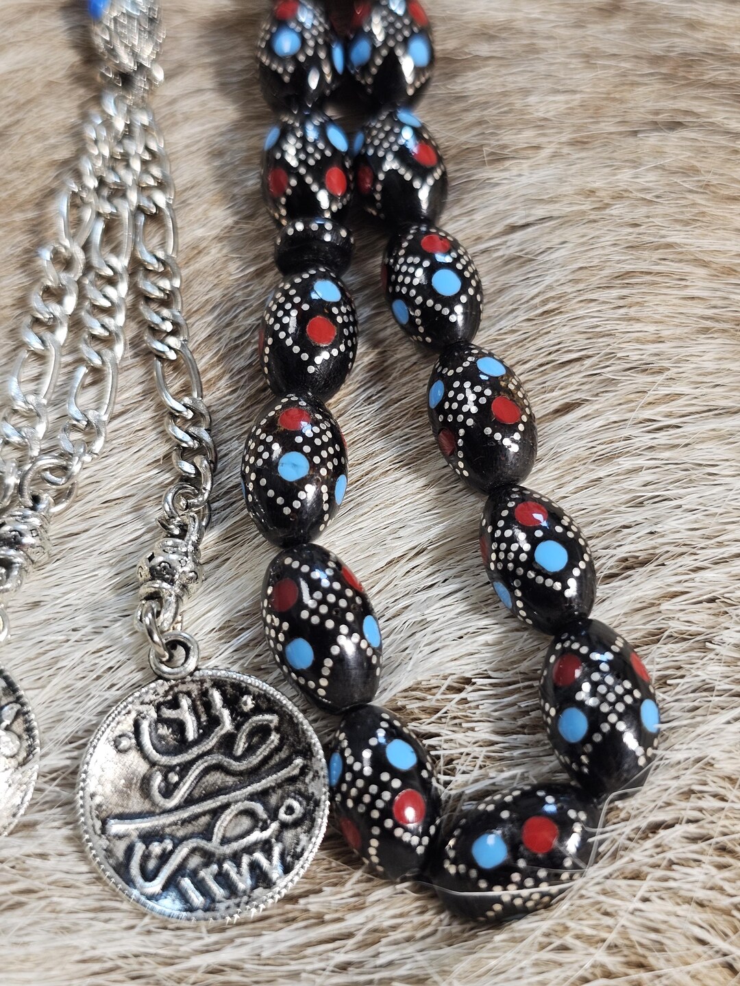 Kuka Wood Misbaha Inlaid With Turquoise and Red Coral + 925 Silver With ...