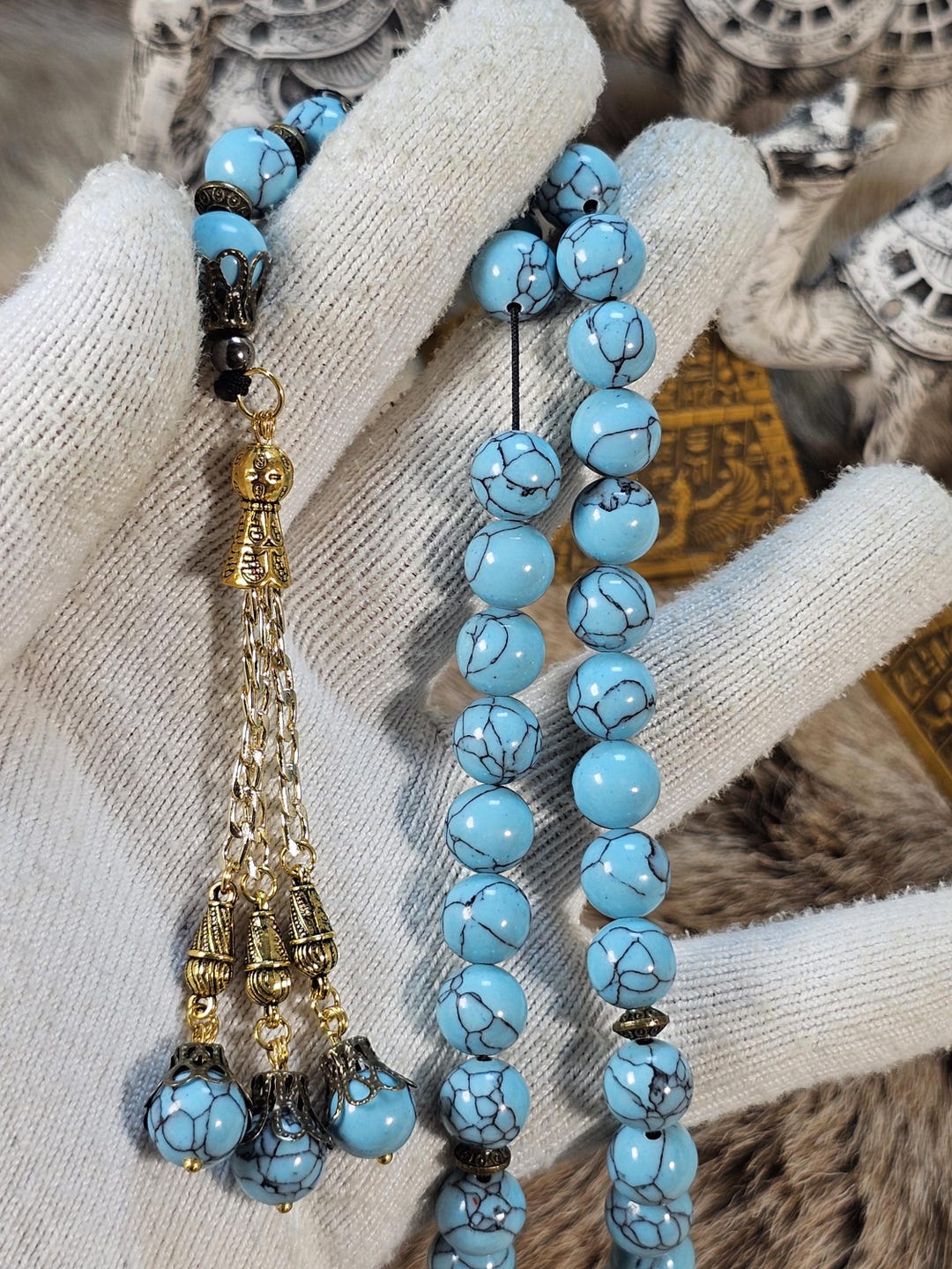 Rosary Stone Color Turquoise, Misbaha With Gold Tassel 33 Beads Muslim ...