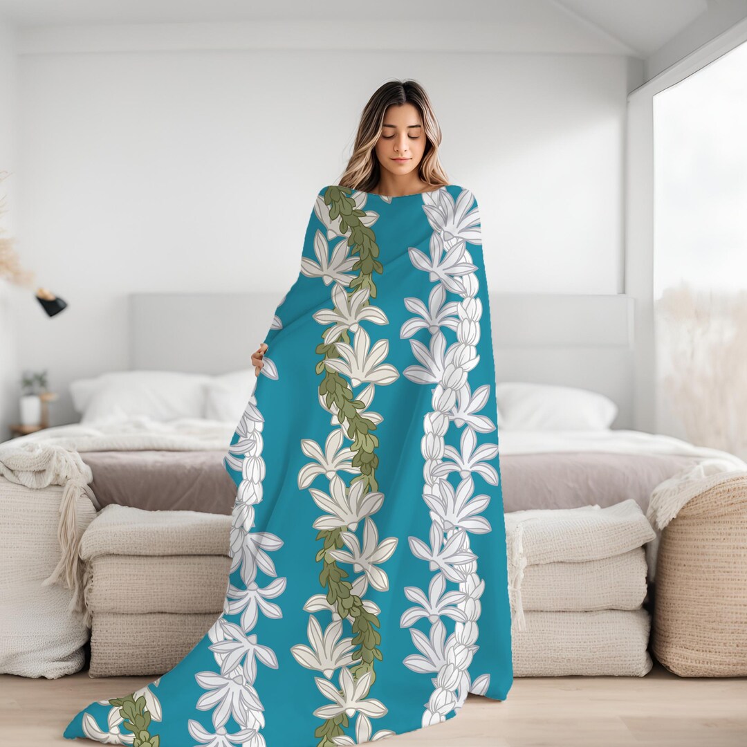 Velveteen Plush Blanket, Ocean Blue Pikake Maile Lei Hawaiian Blanket ...