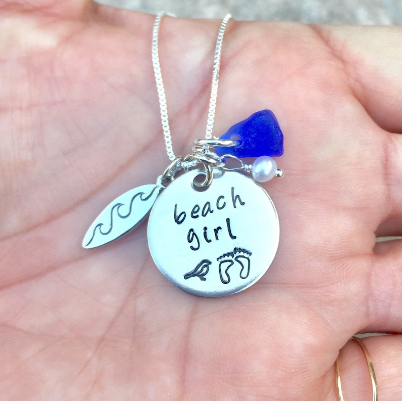 Surfer Girl Necklace, Surf Board Necklace, Sea Glass Necklace, Beach ...