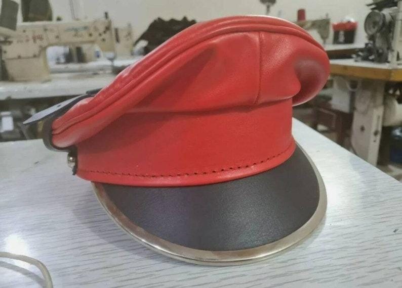 Handmade Red Leather Peaked Cap | Retro Costume Visor Hat | Unisex ...