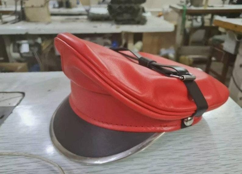 Handmade Red Leather Peaked Cap | Retro Costume Visor Hat | Unisex ...