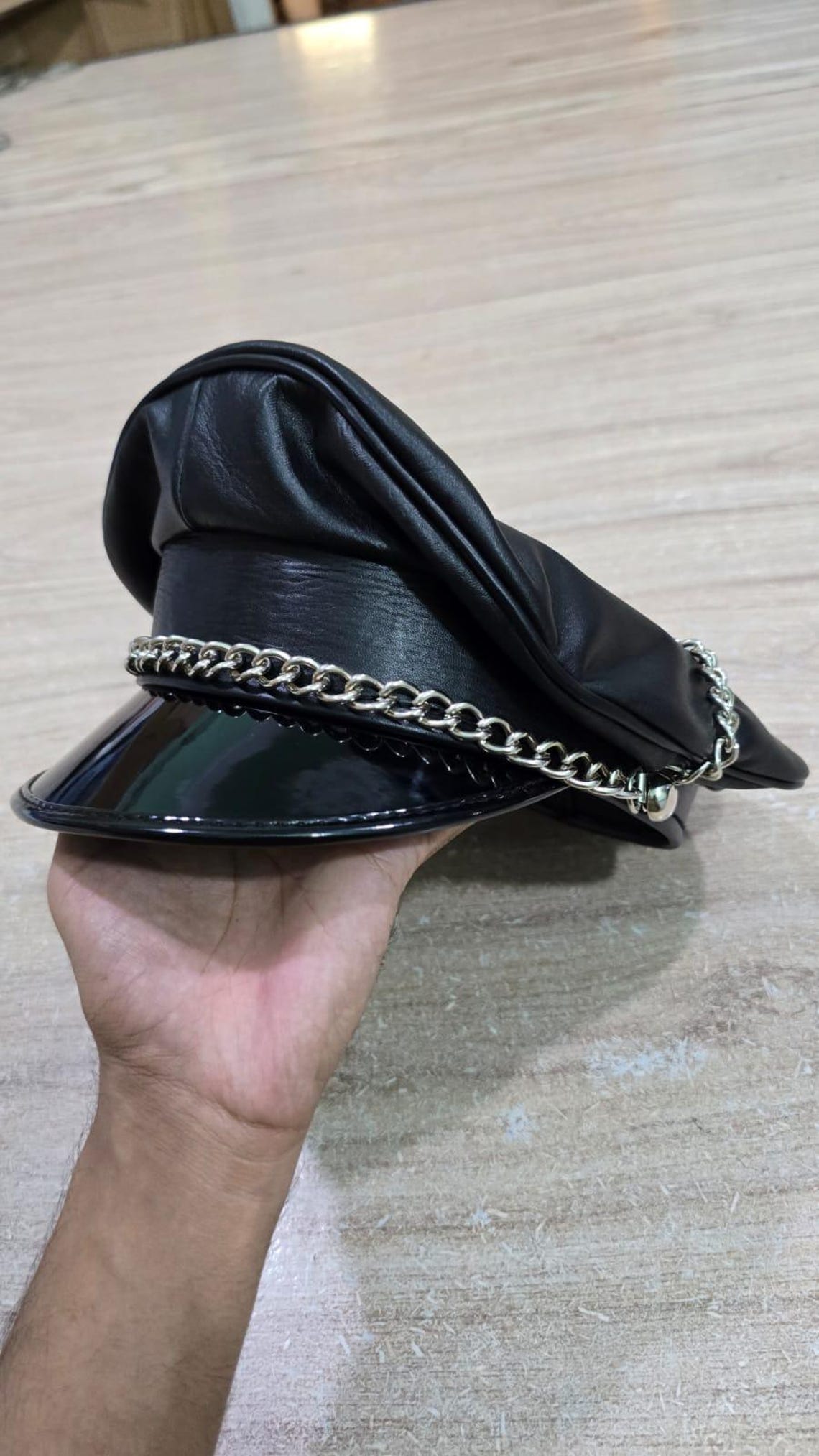 Handmade Soft Leather Muir Cap: Biker Officer Hat With Chain - Etsy