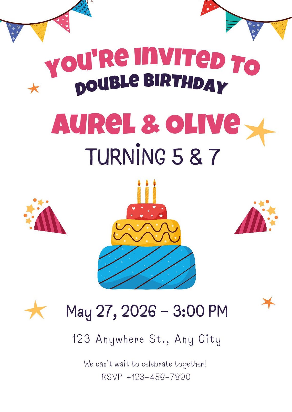 Double Birthday Invitation: Editable Canva Template for A6 Printable ...