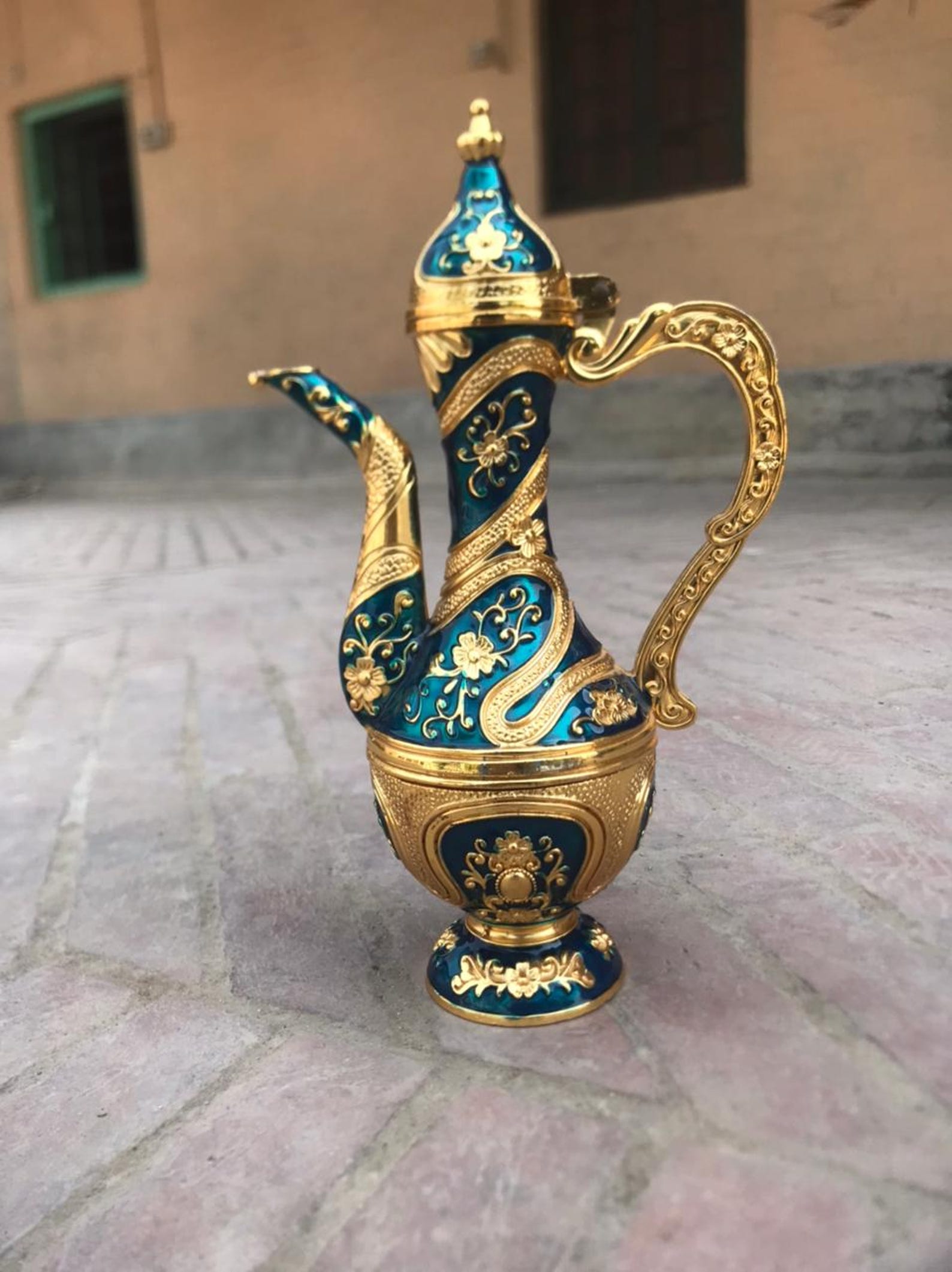 Vintage Copper Arabic Dallah Coffee Pot Saudi Arabia Palm Tree Swords ...