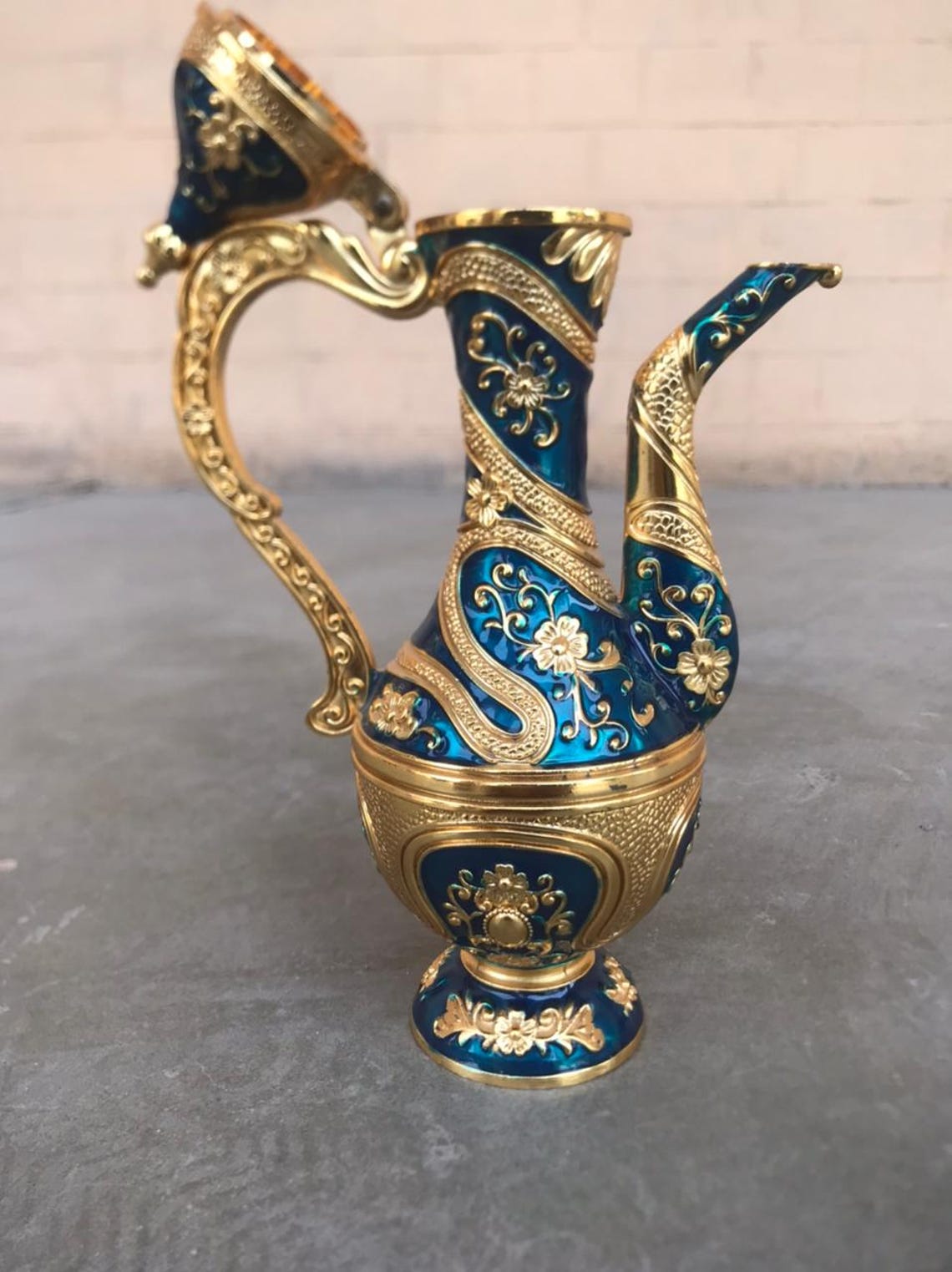 Vintage Copper Arabic Dallah Coffee Pot Saudi Arabia Palm Tree Swords ...